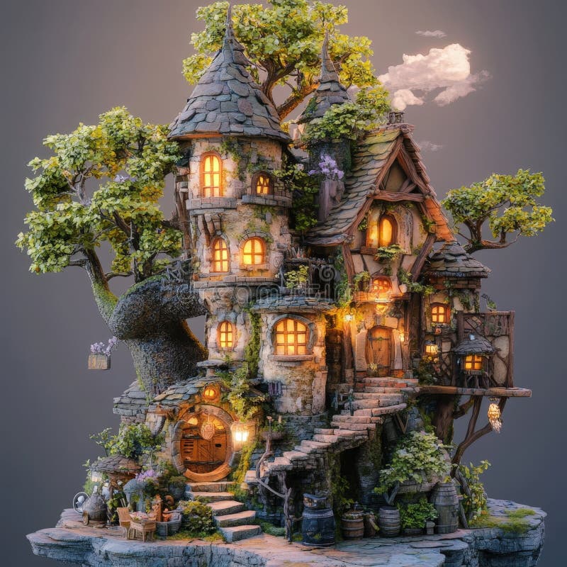 Fantasy Treehouse with Glowing Windows at Night Stock Image - Image of ...