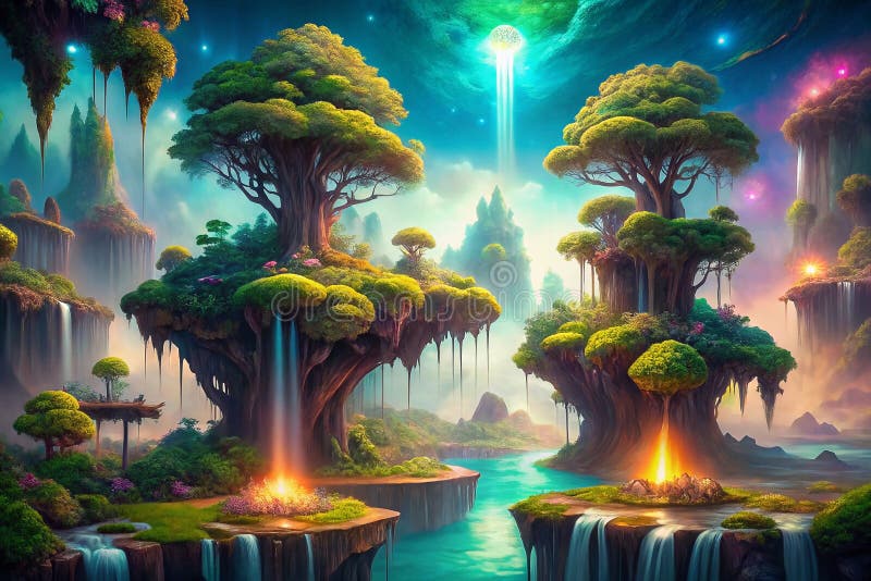 Fantasy Trees, Waterfalls, Mystical Valley, Celestial Light Stock ...
