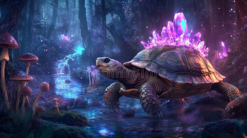 Fantasy Turtle with Glowing Crystals in Enchanted Forest Stock Photo ...