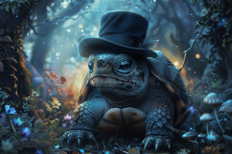 Mystical Turtle in Top Hat in Enchanted Forest Stock Illustration ...