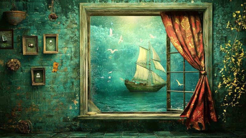 Fantasy Underwater Scene with Sailboat and Window View Stock Photo ...