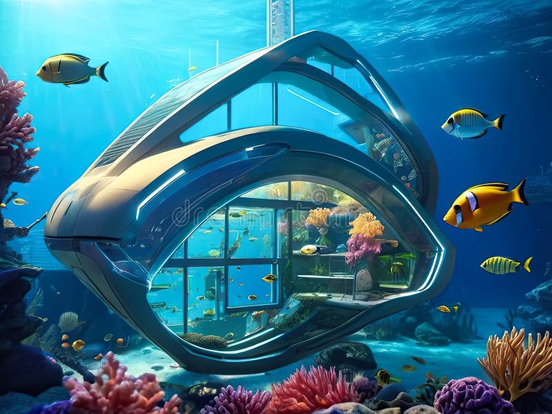 Fantasy Underwater World with a Castle Building and Swimming Exotic ...