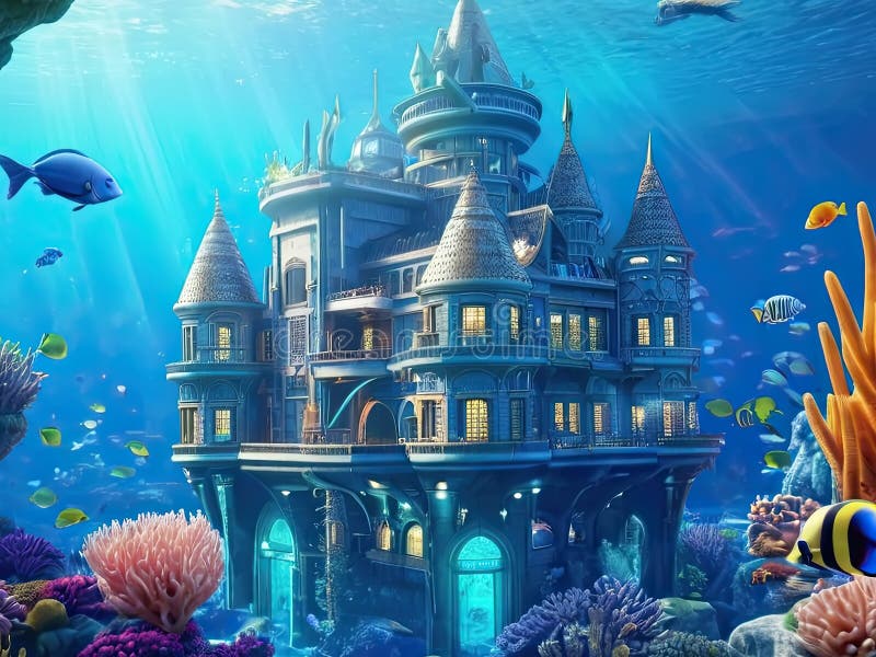 Fantasy Underwater World with a Castle Building and Swimming Exotic ...