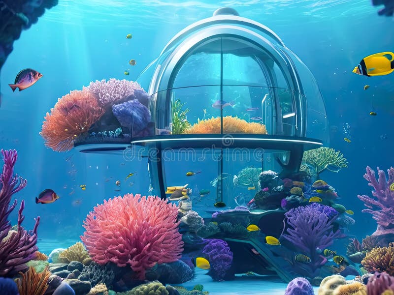 Fantasy Underwater World with a Castle Building and Swimming Exotic ...
