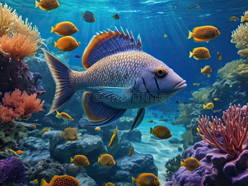 Fantasy Underwater World with Swimming Exotic Fish Stock Photo - Image ...