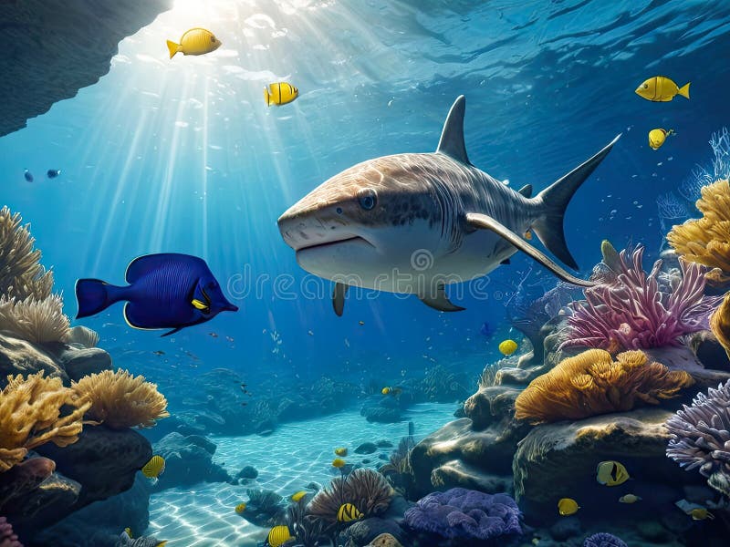 Fantasy Underwater World with Swimming Exotic Fish Stock Photo - Image ...
