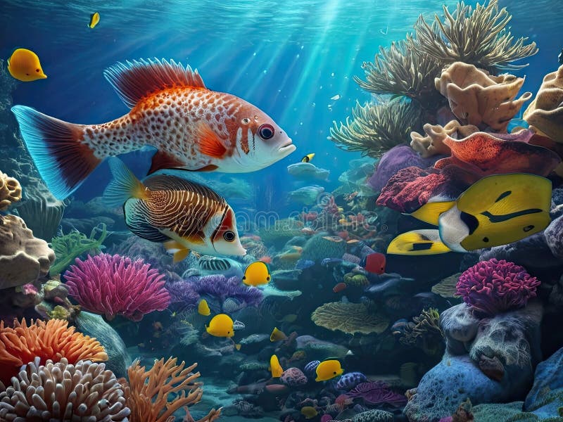 Fantasy Underwater World with Swimming Exotic Fish Stock Photo - Image ...