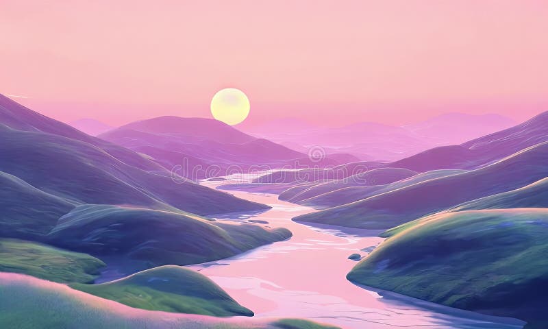 Fantasy Valley with Rolling Hills and Crystal-clear River, Under a Pink ...