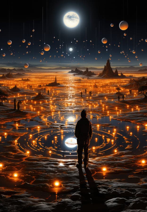 Fantasy View of a Man Standing in Front of a Large Pool of Water ...