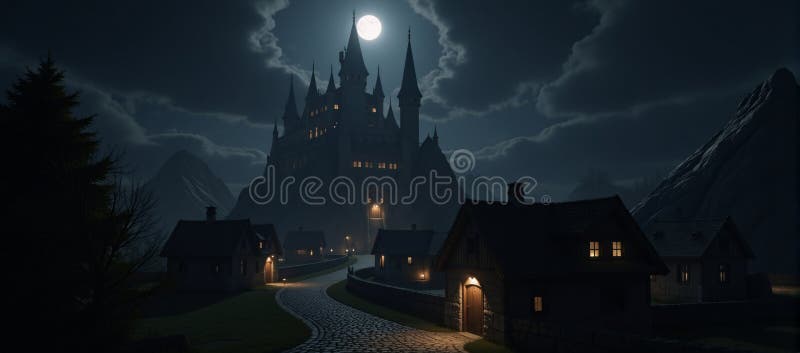 A Fantasy Village Bathed in the Soft Glow of Moonlit Night Stock ...