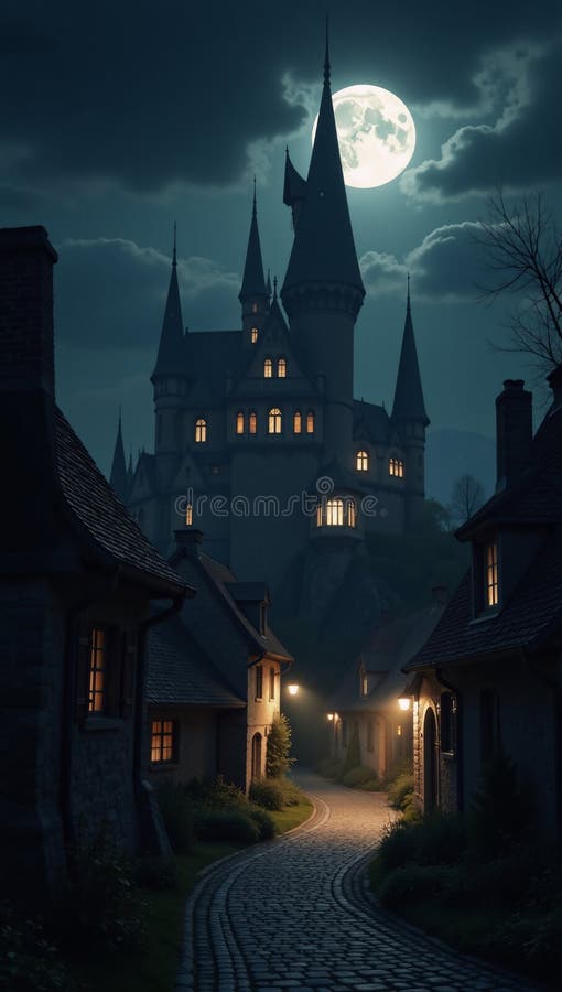 A Fantasy Village Bathed in the Soft Glow of Moonlit Night Stock ...