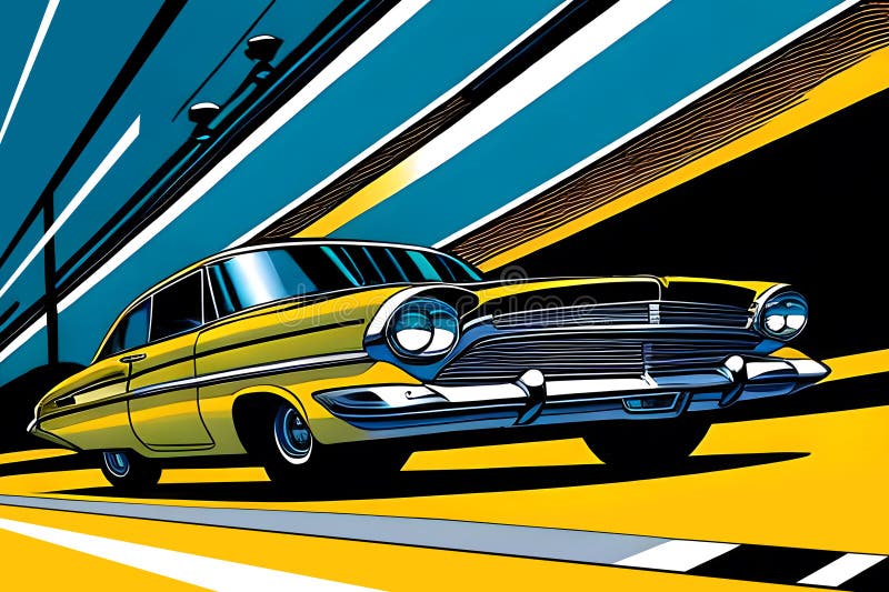 Fantasy Vintage Car on Highway Stock Illustration - Illustration of ...