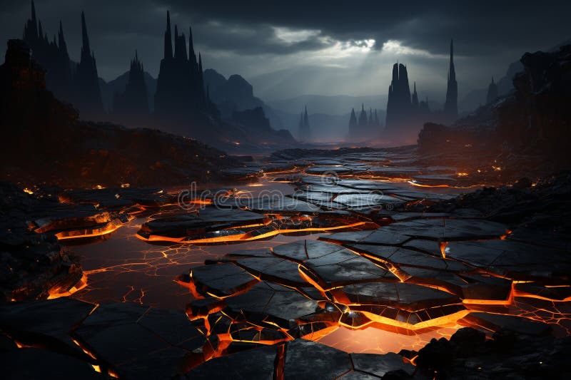 Fantasy Volcanic Landscape at Night Stock Illustration - Illustration ...