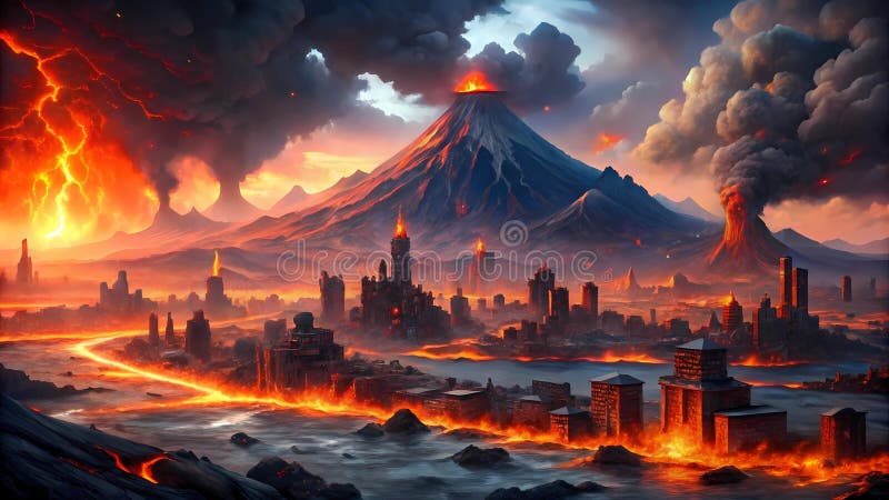 Volcano Apocalypse, City in the Fire, Illustration Stock Illustration ...
