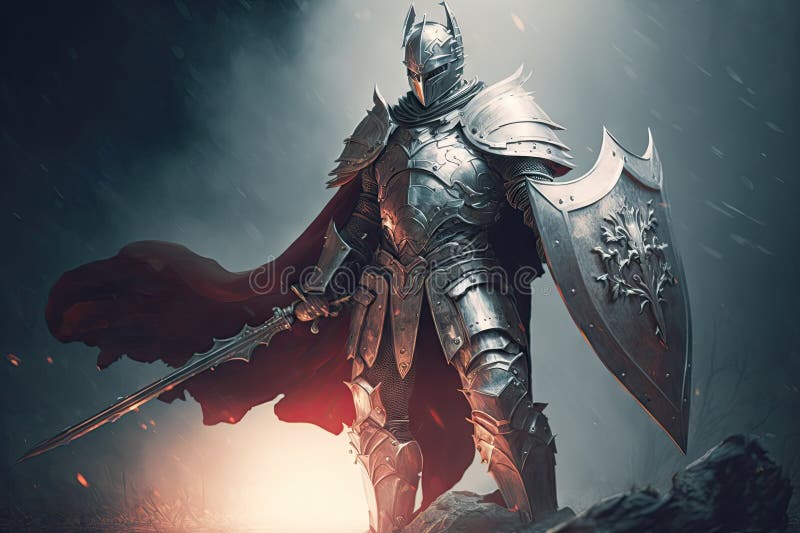 Fantasy Warrior in Armor with Shield and Sword Walking Knight Stock ...