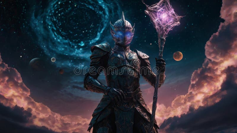 A Fantasy Warrior Stands Tall with a Glowing Staff Against a Backdrop ...