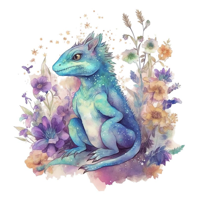 Fantasy Watercolor Floral Lizard Illustration Stock Illustration ...