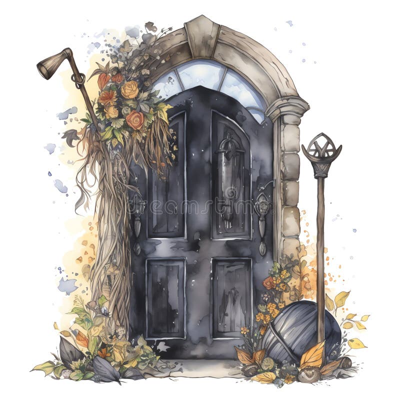 Fantasy Watercolor Magical Witch Door House Illustration Stock ...
