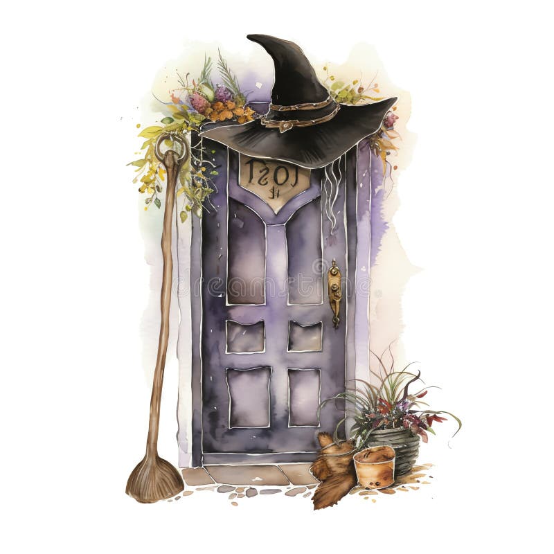 Fantasy Watercolor Magical Witch Door House Illustration Stock ...