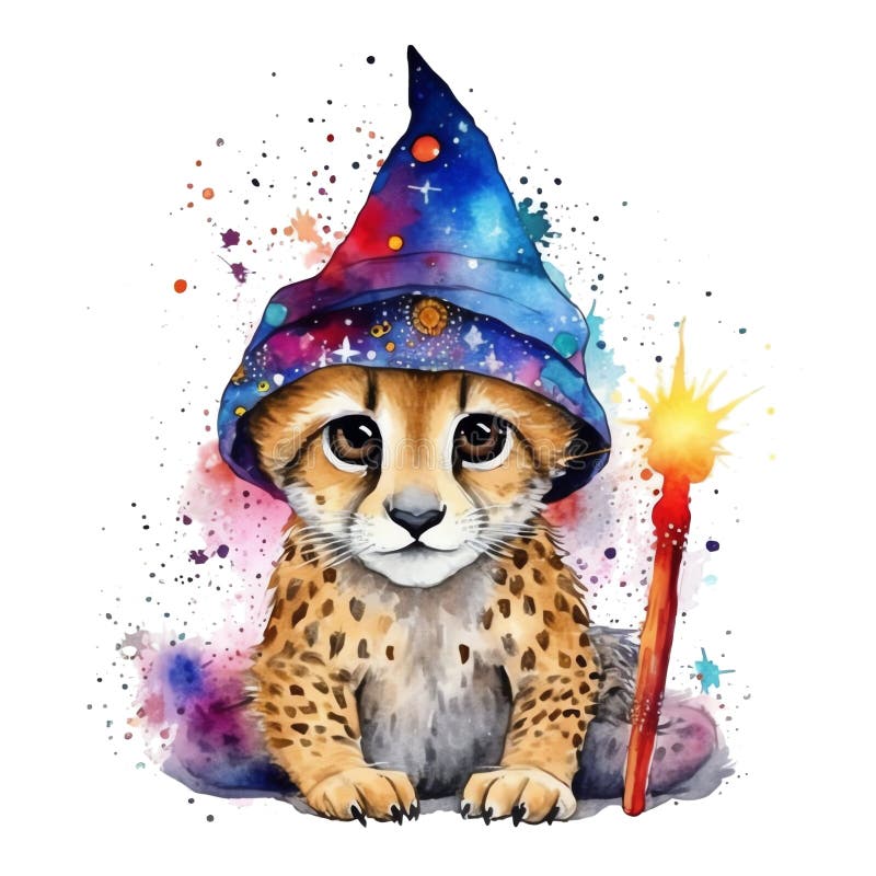 Fantasy Watercolor Magical Wizard Cheetah Illustration Stock ...