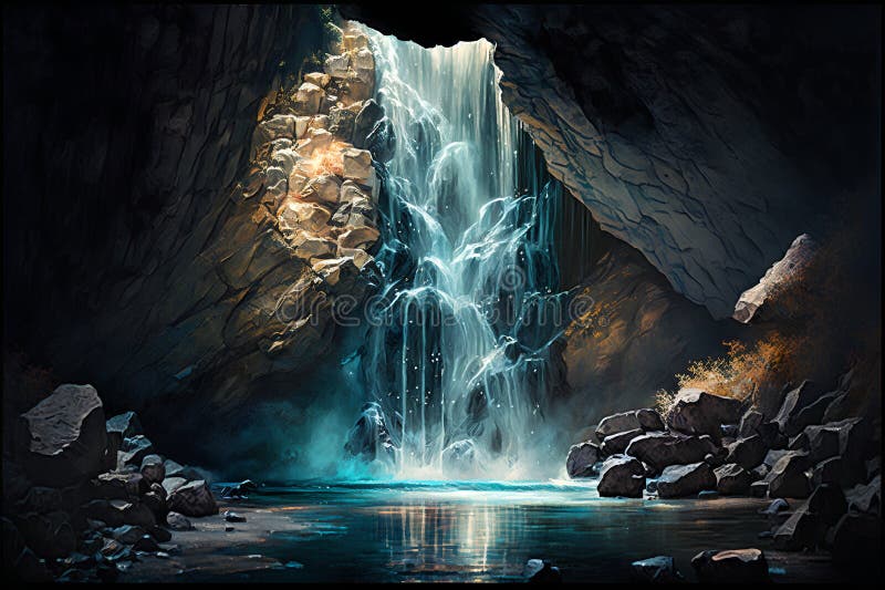 Fantasy Waterfall in the Cave. 3D Illustration. Fantasy Stock ...