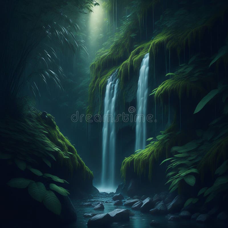 Fantasy Waterfall with Pink Flowers in a Field Stock Illustration ...