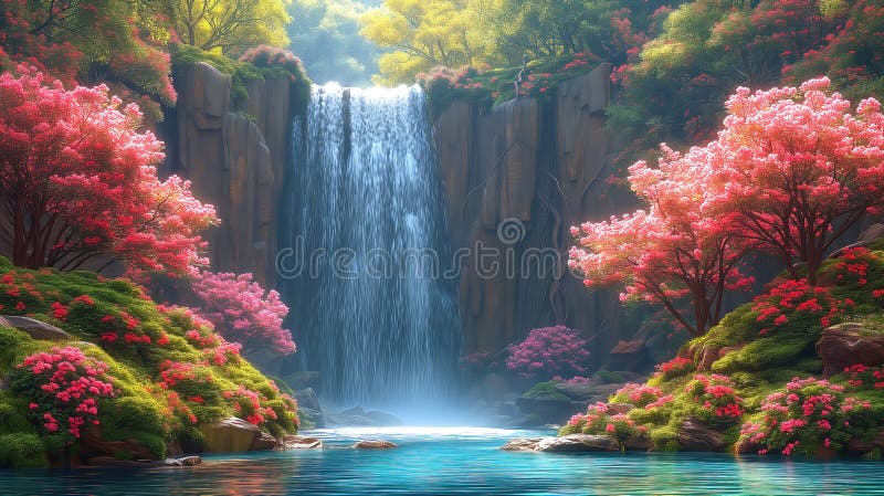Fantasy Waterfall with Trees and Beautiful Flowers, Idyllic Landscape ...