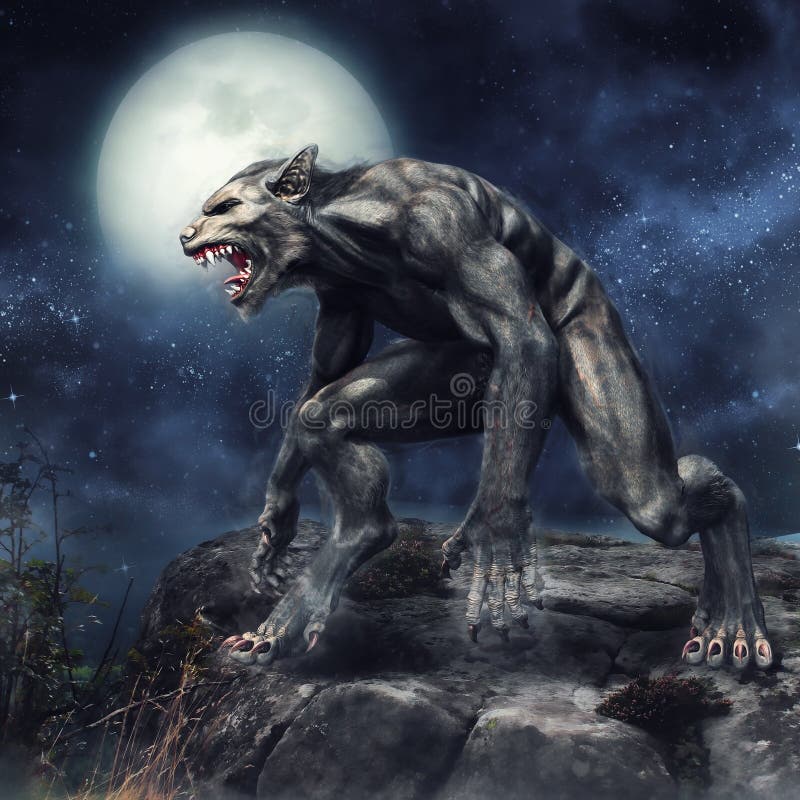 Werewolf Standing on a Cliff Stock Illustration - Illustration of moon ...