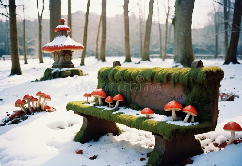 Fantasy Winter Bench and Mushrooms Stock Illustration - Illustration of ...