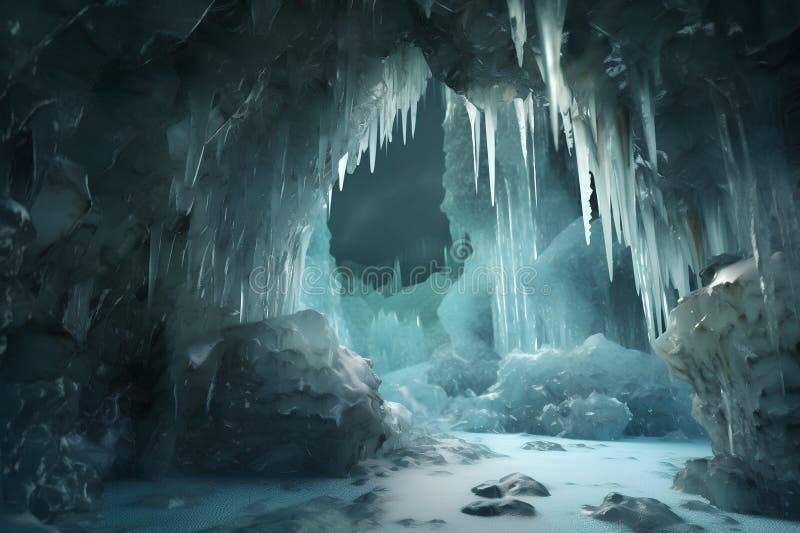 Fantasy Winter Landscape with Ice Cave and Icicles. 3d Render Stock ...