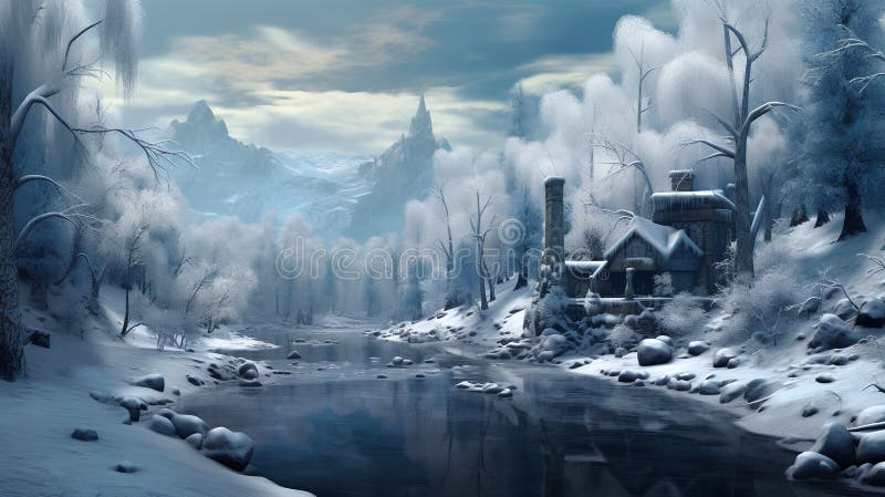 Fantasy Winter Landscape with a Small Wooden House in the Forest. Stock ...