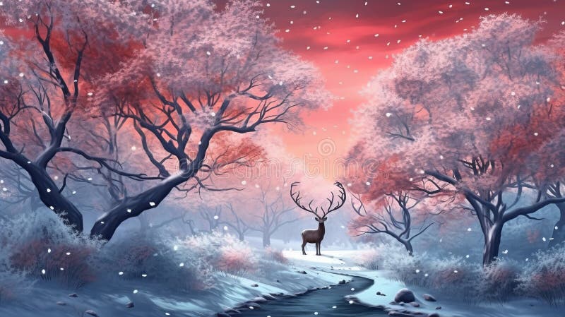 Fantasy Winter Landscape with Trees, Road and Reindeer Stock Image ...