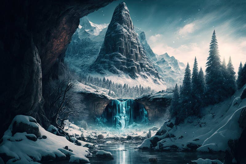 Fantasy Winter Scene with Frozen Waterfall Mountains Stock Illustration ...