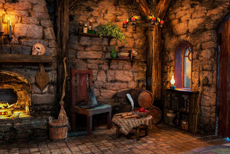 Fantasy Witch Cottage Interior, 3D Illustration, 3D Rendering Stock ...