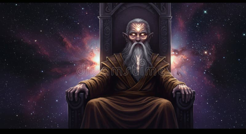 Wizard Sitting on Throne with Cosmic Background Fantasy Art Stock ...