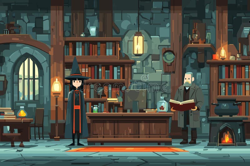 Fantasy Wizard S Library with Characters and Enchanted Elements Stock ...