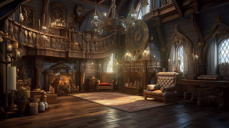 Fantasy Wizards Room. Ancient Alchemist S Lab with Instruments and ...