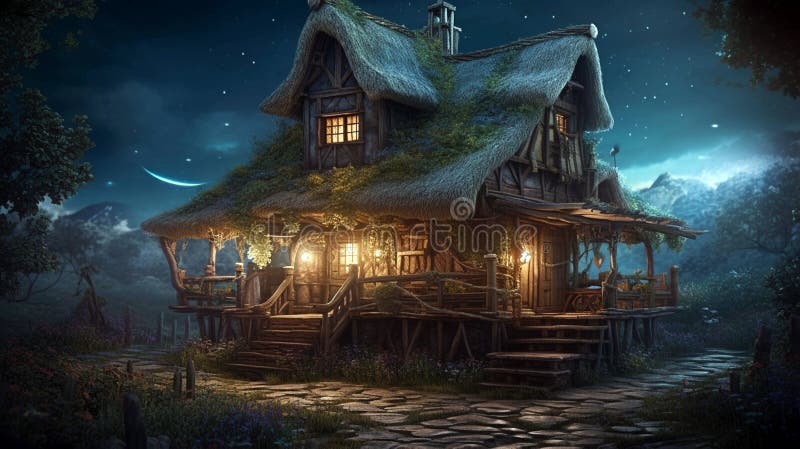 Fantasy Wooden Cottage In Night Magical Deep Space A Stone Path In The