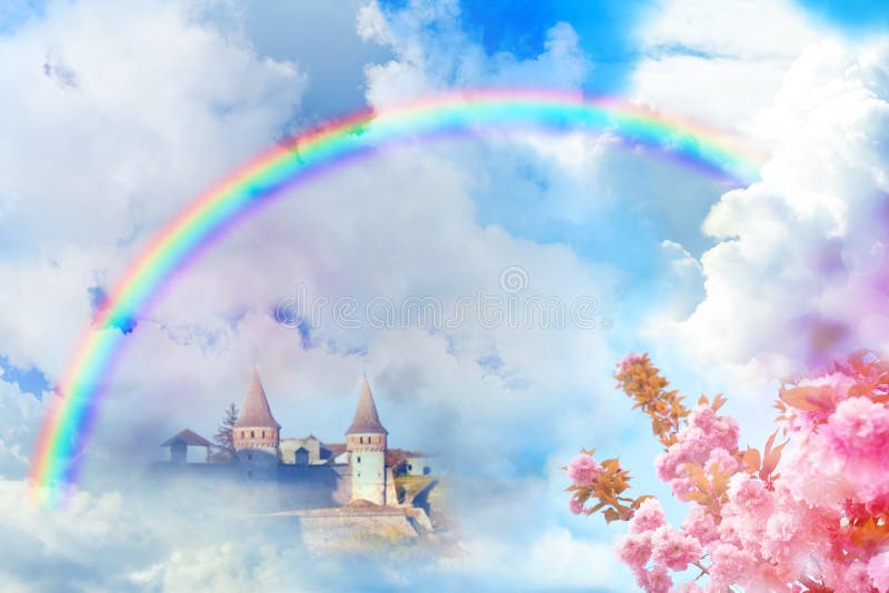 Fantasy World. Beautiful Rainbow in Sky with Clouds Over Enchanted ...