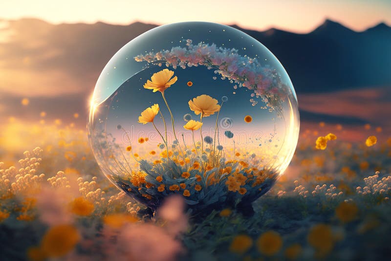 Fantasy World with Flowers and Sunset in Transparent Sphere Stock ...