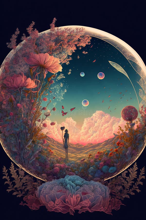Fantasy World with Flowers and Sunset in Transparent Sphere Stock ...