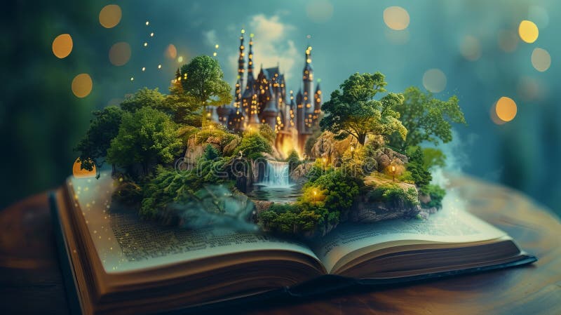 Fantasy World with Forest, Waterfall and Palace Inside of the Book ...