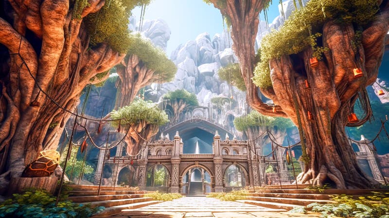 A Fantasy World Full of Trees and Ancient Buildings, Generative AI ...