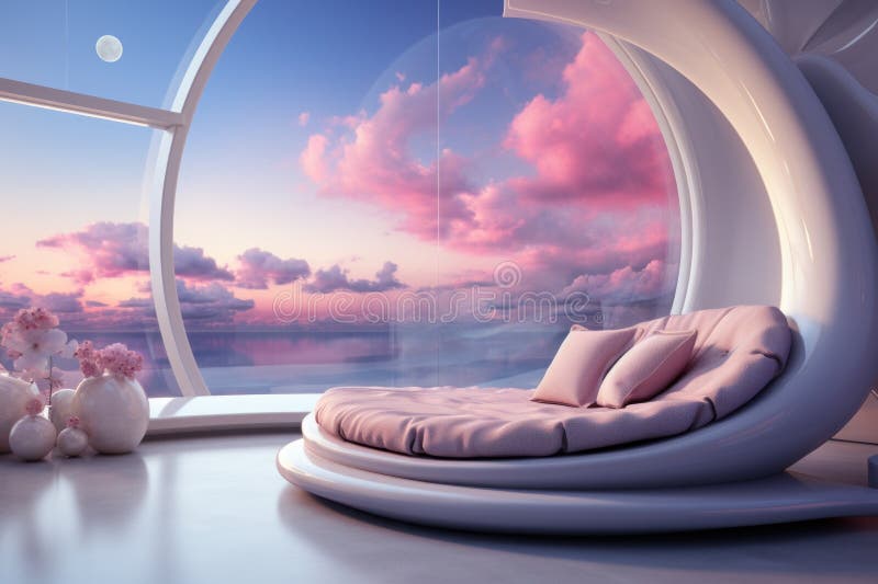 Fantasy World, Futuristic Fantasy Bed with of the Sky and Pink Clouds ...