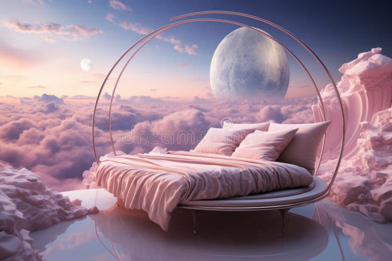 Fantasy World, Futuristic Fantasy Bed with of the Sky and Pink Clouds ...