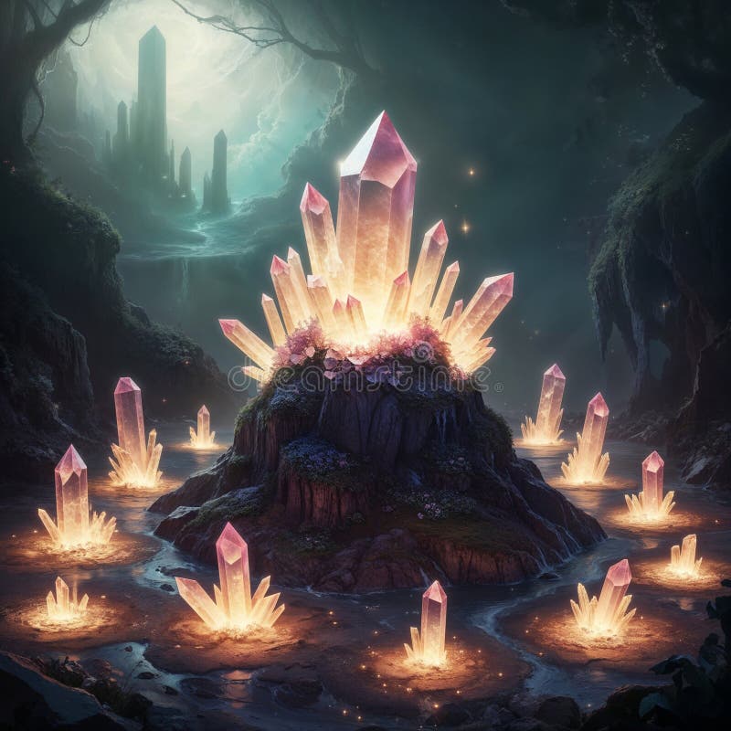 Fantasy World with Glowing Crystals Stock Illustration - Illustration ...