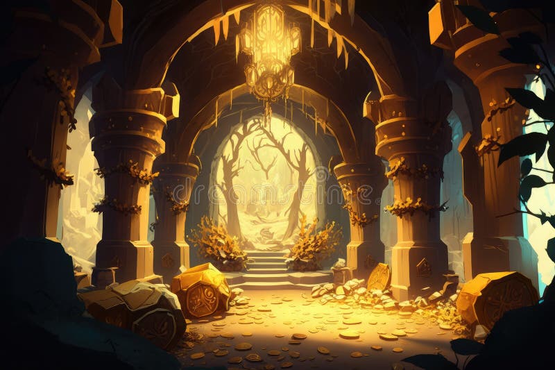 Fantasy World of Gold Mine or Old Treasure Cave Stock Illustration ...