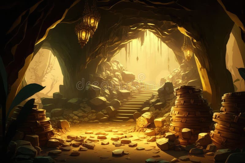Fantasy World of Gold Mine or Old Treasure Cave Stock Illustration ...