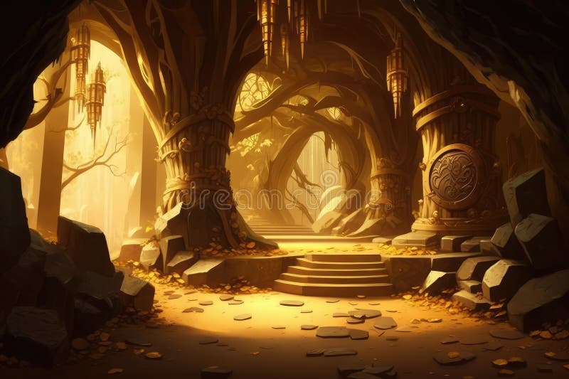 Fantasy World of Gold Mine or Old Treasure Cave Stock Illustration ...