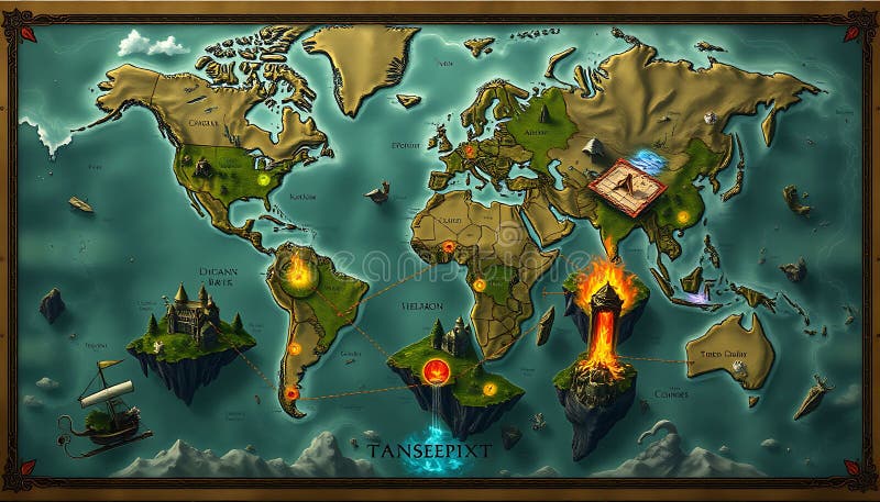 World Map with Fire Elements, Fantasy, Adventure, Travel, Stock Photo ...